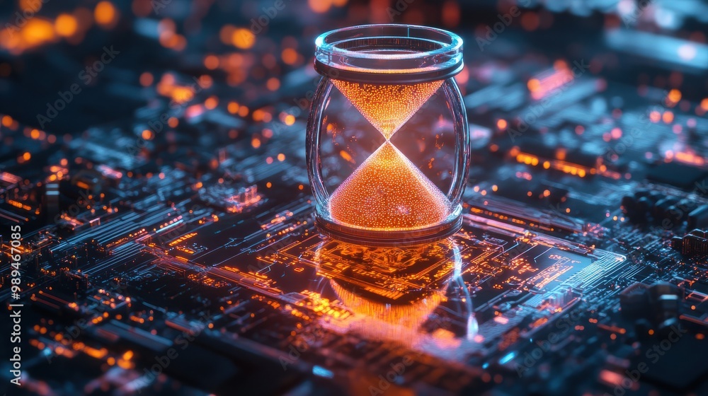 Hourglass with glowing particles on a futuristic circuit board. Concept ...