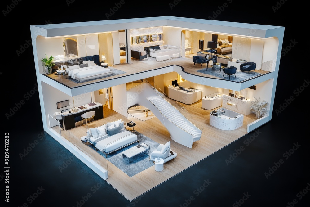 A 3D digital walkthrough of a luxury hotel suite, featuring an open ...
