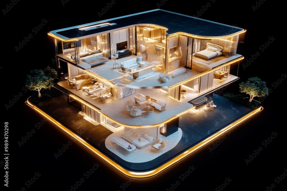 A 3D digital walkthrough of a luxury hotel suite, featuring an open ...