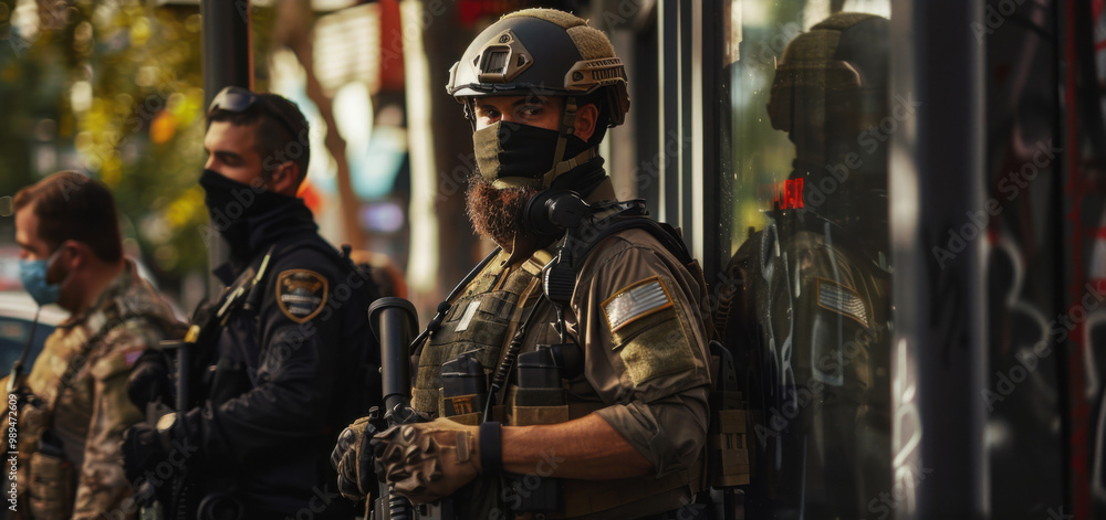 Tactical police officers in full gear stand guard in an urban ...