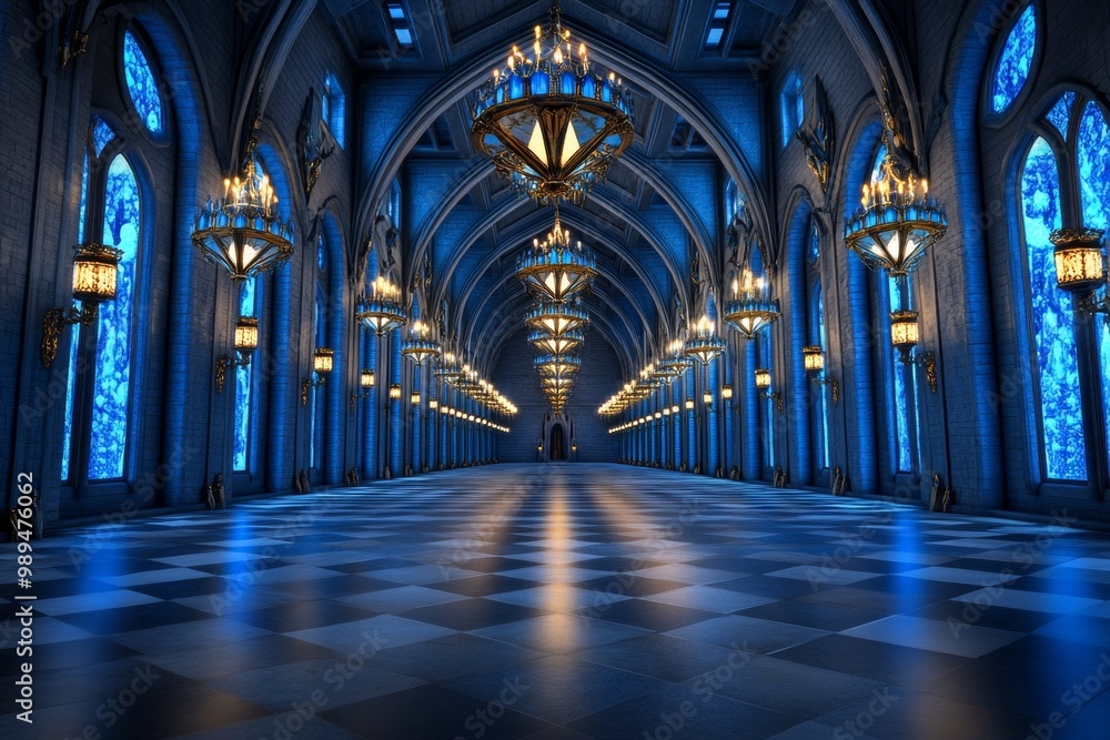 A grand hall in a magical school, where students study from ancient ...