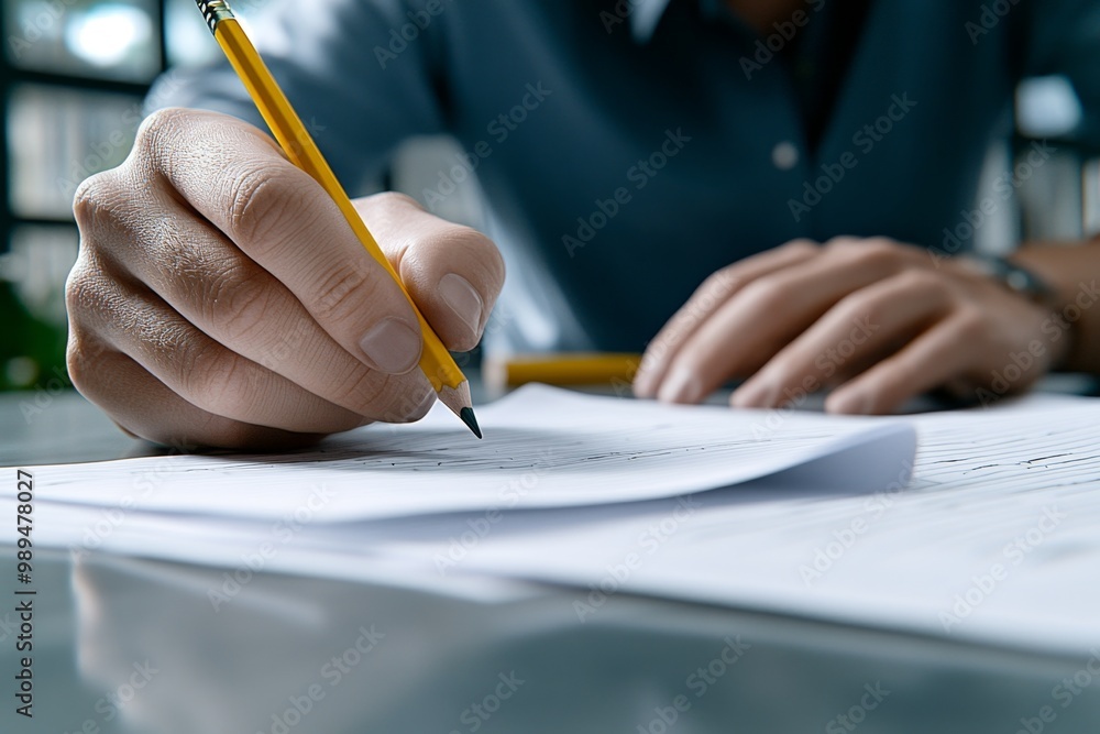 A hyper-realistic shot of a teacher grading papers, with every pencil ...