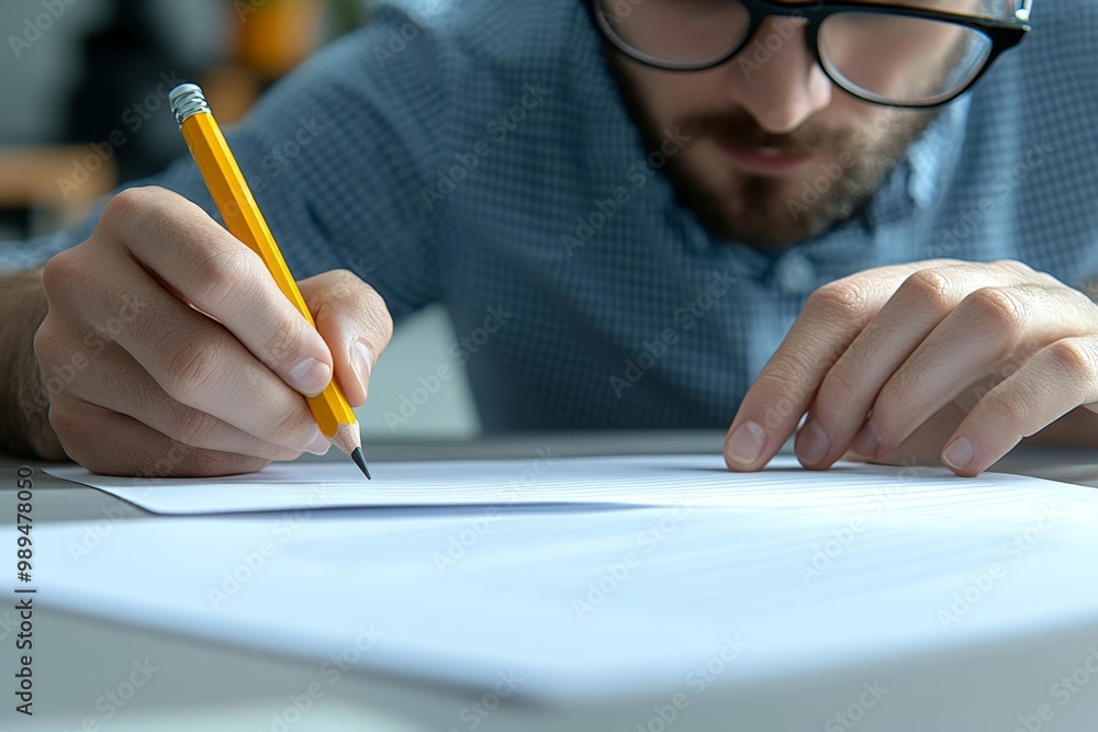 A hyper-realistic shot of a teacher grading papers, with every pencil ...