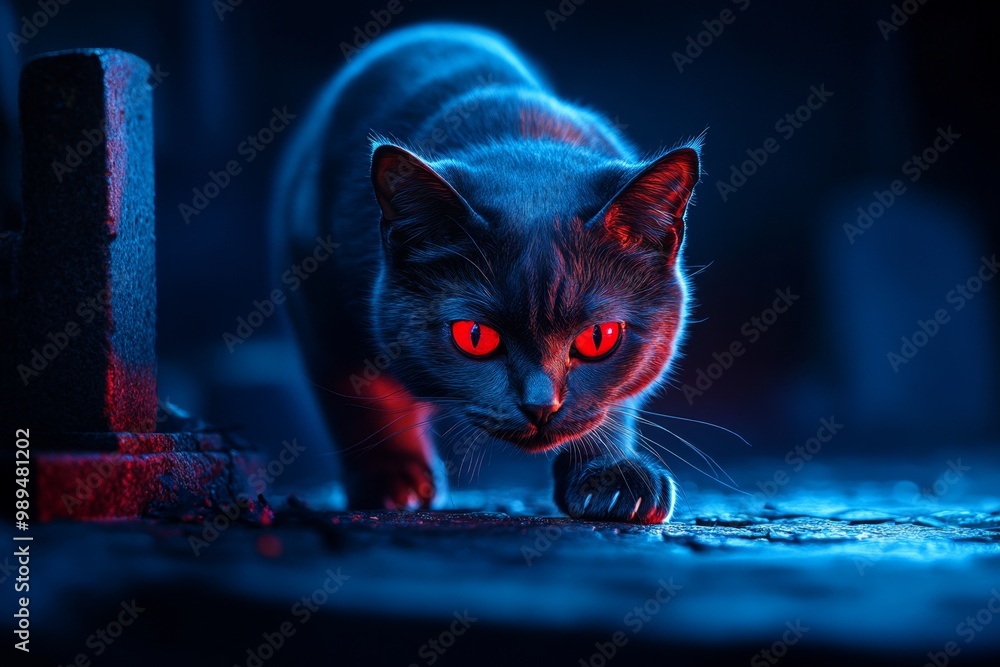 A sinister black cat with red eyes stalking through a dark graveyard ...