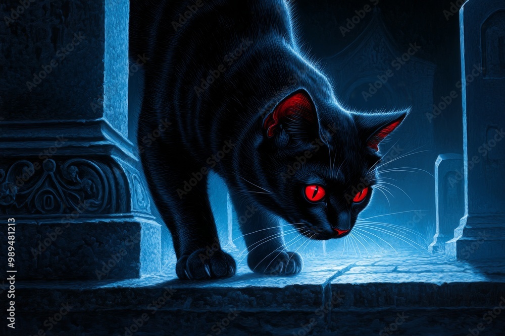 A sinister black cat with red eyes stalking through a dark graveyard ...