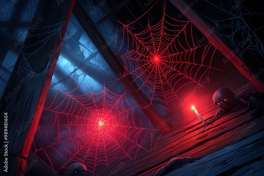 A spooky attic filled with ancient spider webs glowing red in the light ...