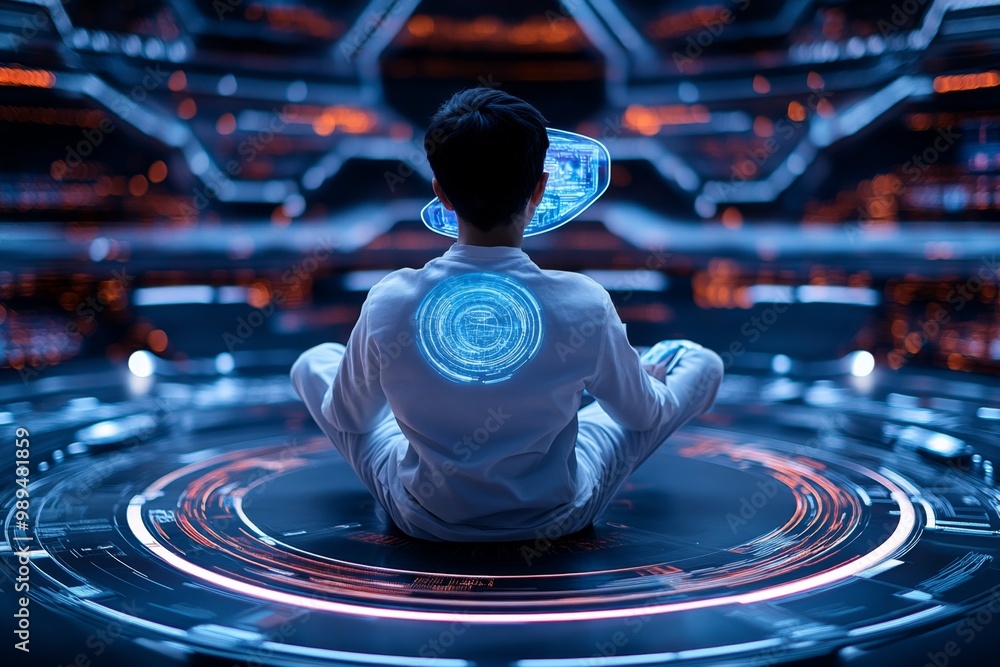 A student sitting in a high-tech study area, where holographic displays ...