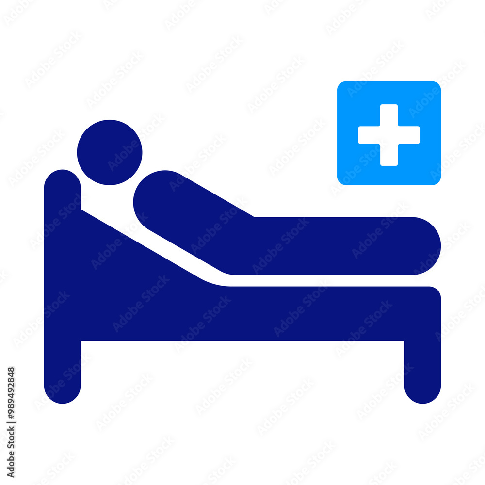 Patient lying in a blue hospital bed with a cross symbol above ...