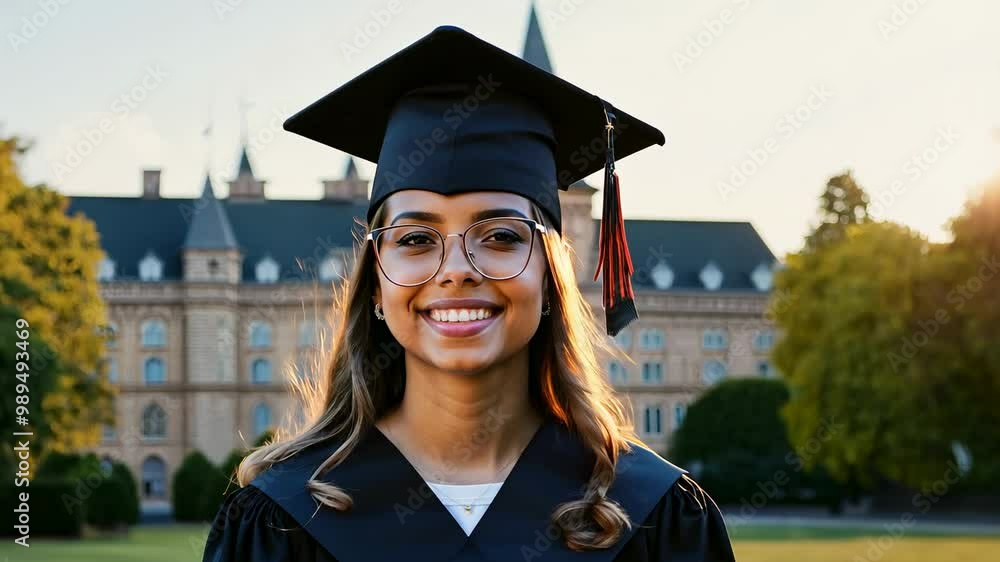 Happy college Caucasian female graduate student with eyeglasses in ...