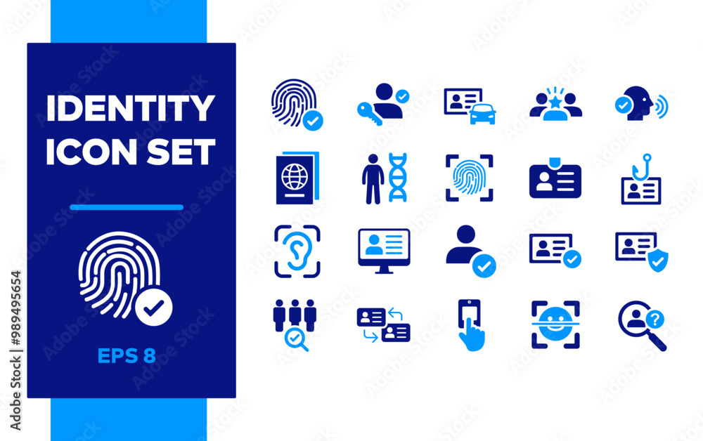 Identity icon set with symbols for personal identification like ...