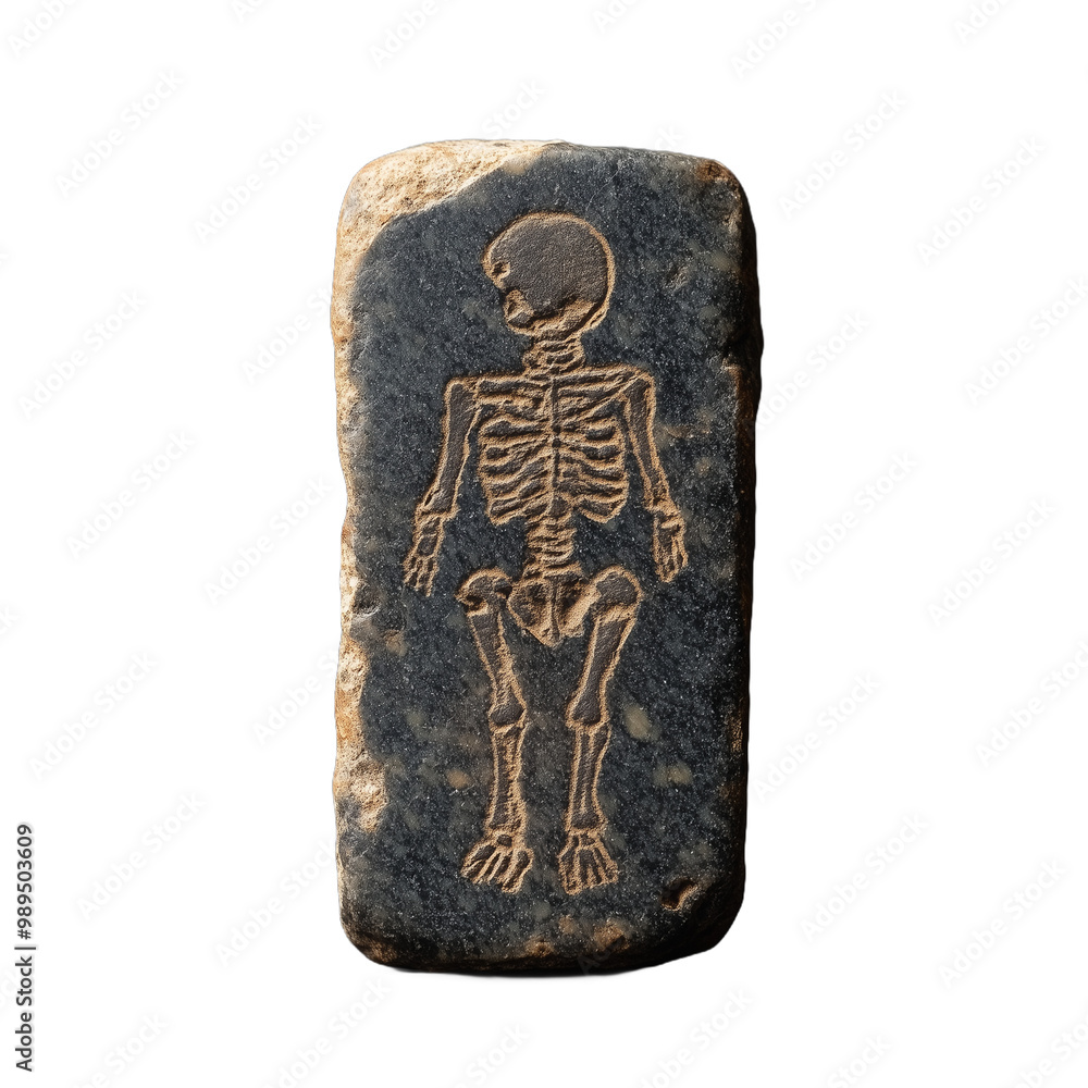 Carved stone with an engraved human skeleton, representing ancient art ...