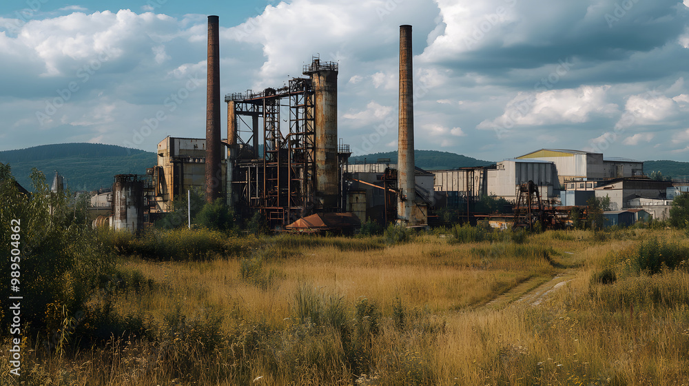 An Eastern European factory complex machinery rusting and smokestacks ...