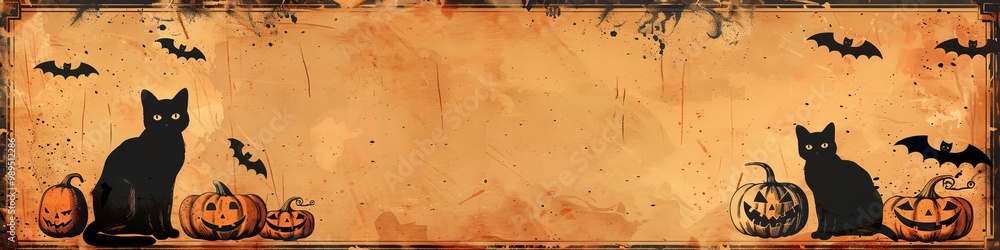 A vintage Halloween banner featuring aged illustrations of black cats ...