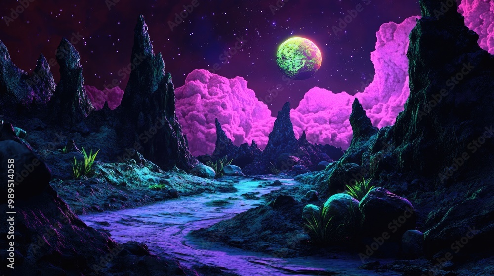 Surreal alien landscape featuring a luminous celestial object in a dark ...