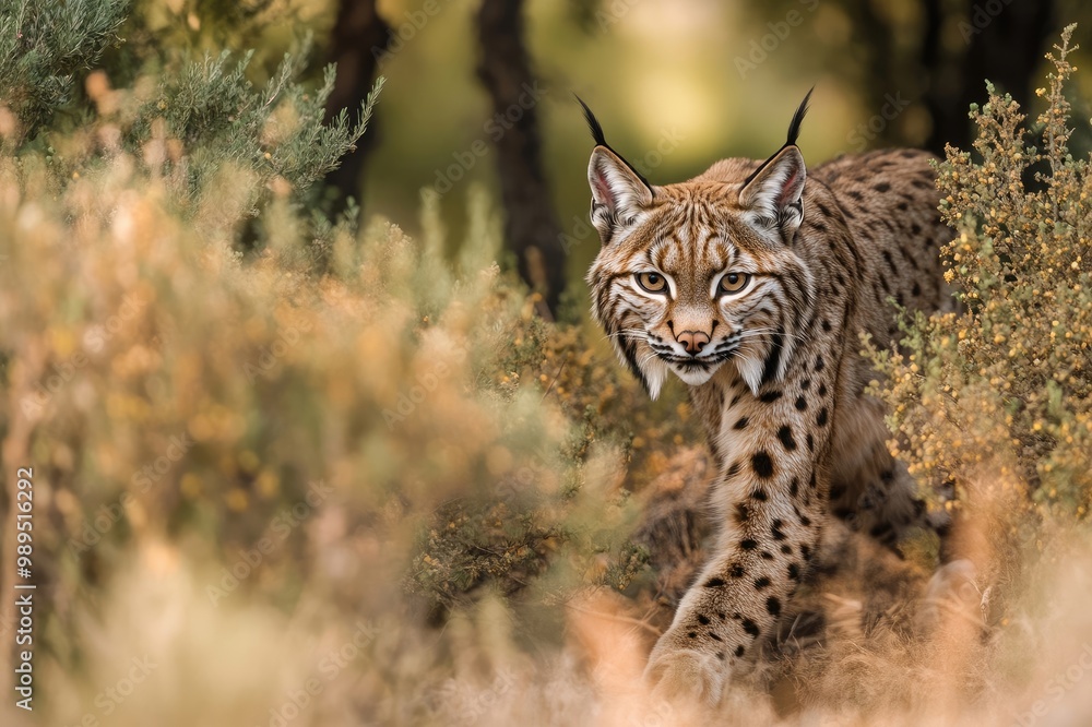 An Iberian lynx stealthily moving through the dense shrubs of Ciudad ...