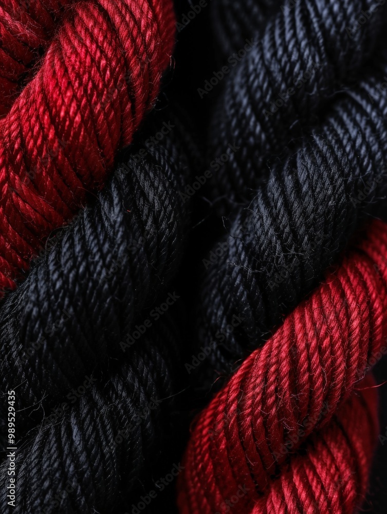 Intricate strands of black and red cotton thread are twisted together ...