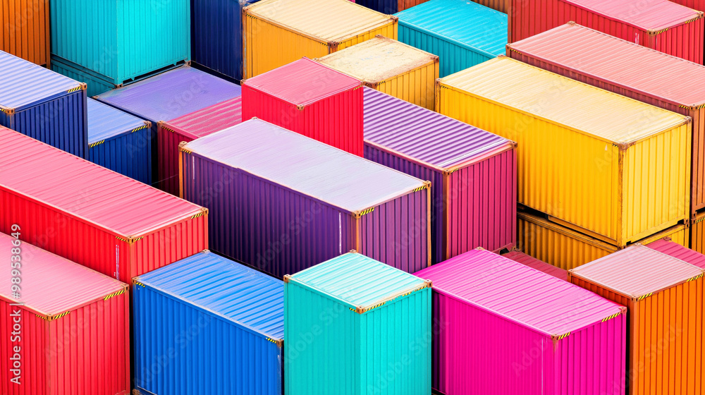 Brightly colored shipping containers stacked neatly against a vibrant ...