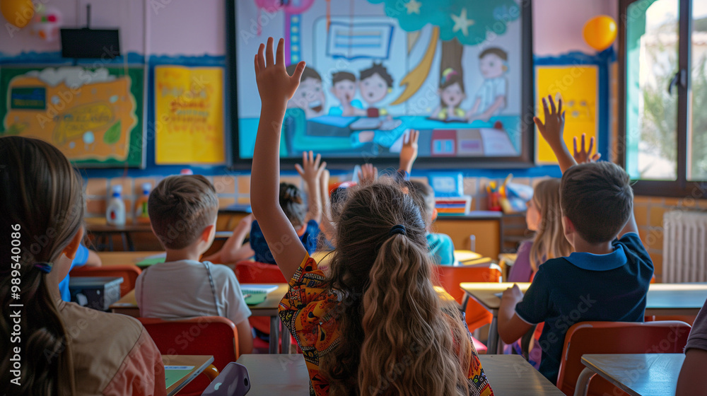 A group of children in the classroom raising their hands to answer or ...