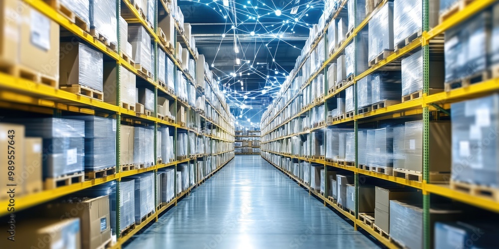 An organized view of a high-tech warehouse with stacked boxes and a ...