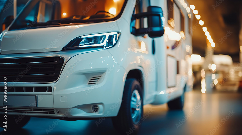 Modern white camper van showcased in a dealership showroom under bright ...