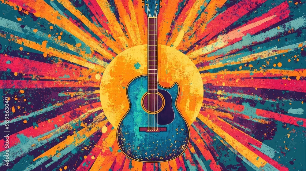 Rock-and-Roll Hippy Musical Disco Party Banner with Acoustic Guitar and ...