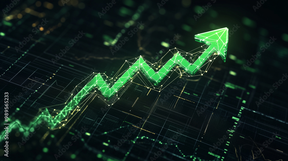 The upward trajectory of a green arrow in 3D business graphs showcases ...