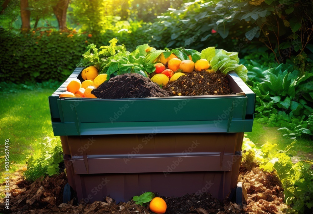 vibrant compost bins overflowing rich organic materials lush outdoor ...