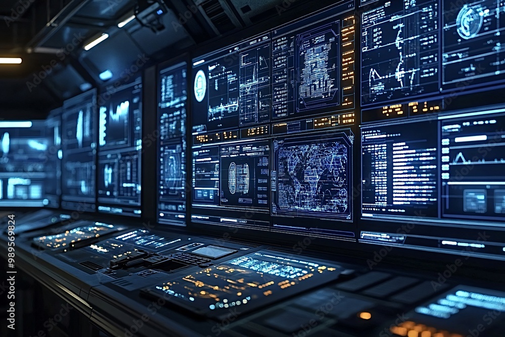 Futuristic control room in a spacecraft showing multiple screens with charts, data and a world ...