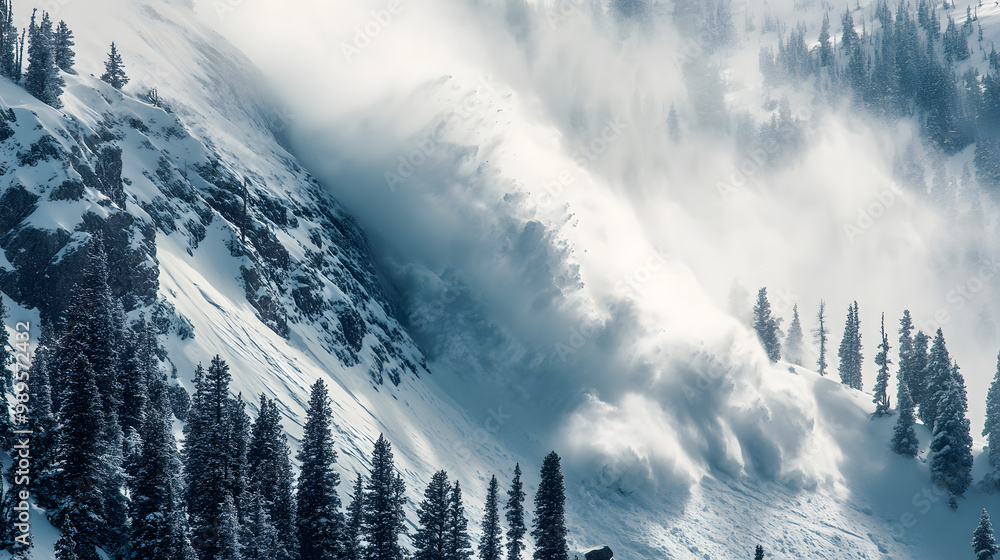 A massive wall of snow pouring over the edge of a mountain ridge with ...