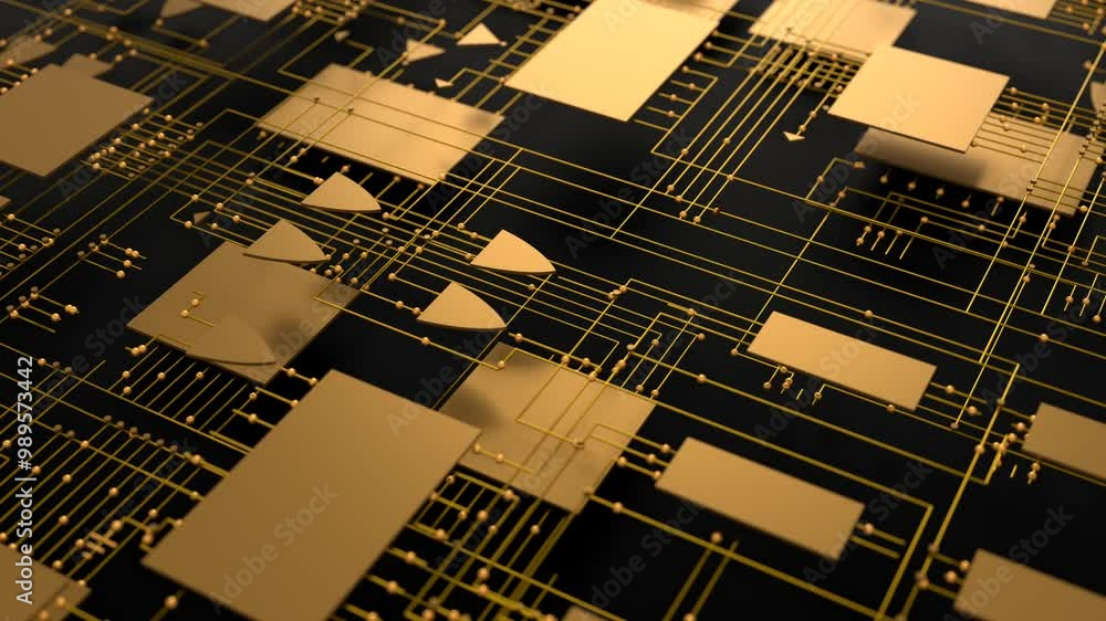golden circuit board electrical diagram 3d animation. Can be used to ...