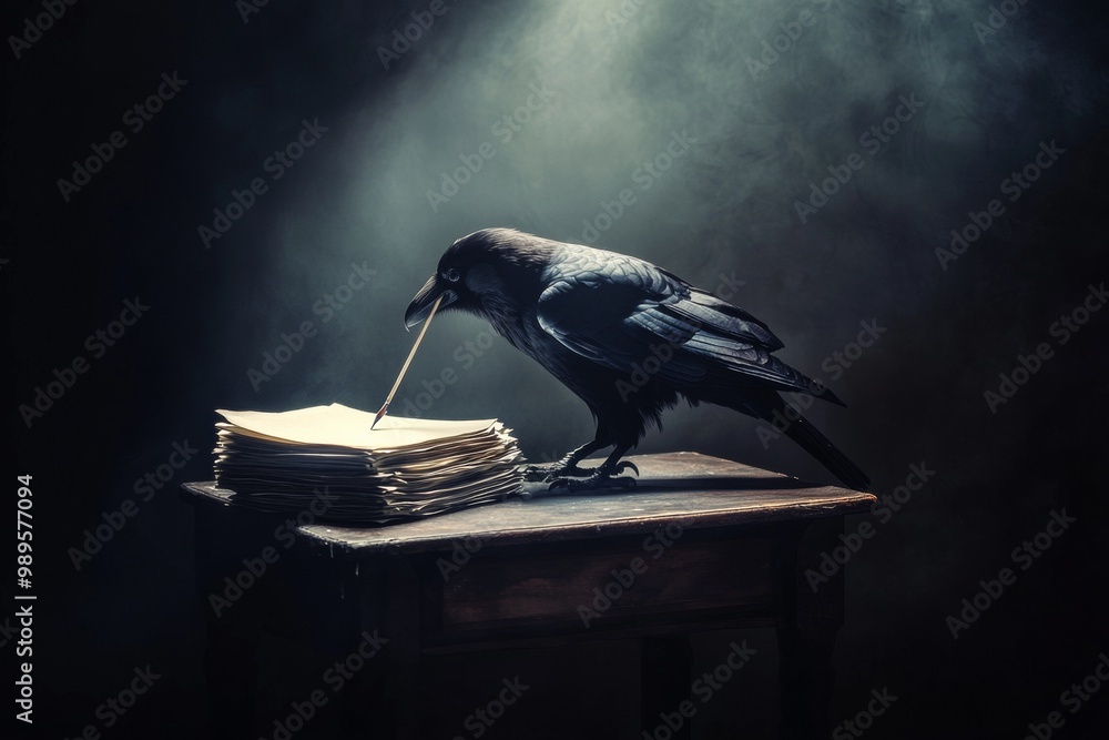 Mysterious Crow Writing on Paper in a Dark Room. A captivating image of ...