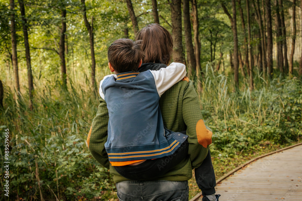 A cheerful young boy smiles as he enjoys a piggyback ride from his ...