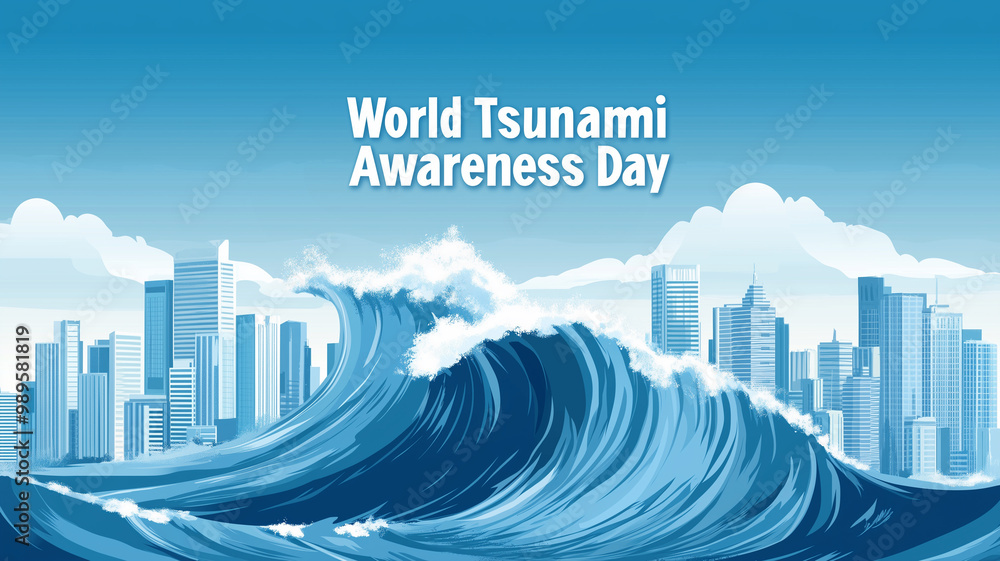 Illustration, text "World Tsunami Awareness Day" on background with big ...