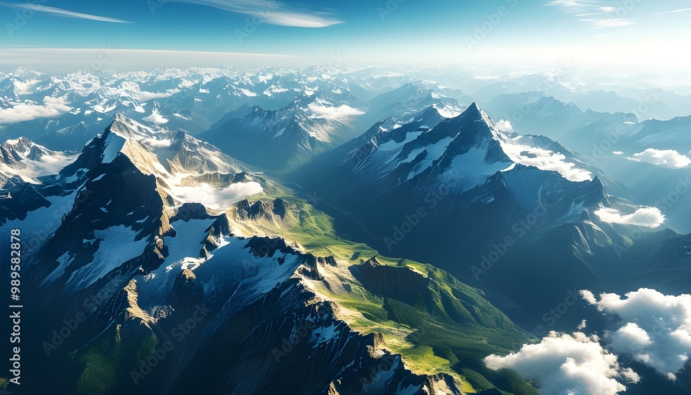 Aerial perspective of majestic mountain peaks creating a stunning ...