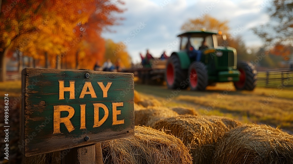 Sign that reads “HAY RIDE” - tractor pulling trailer - fall - autumn ...