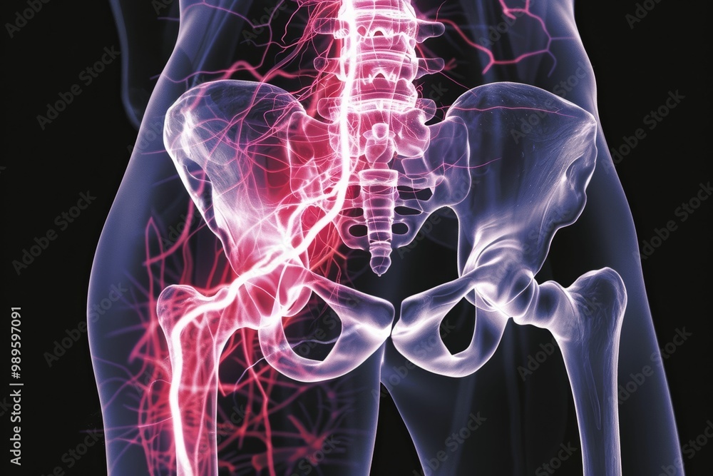 Medical x-ray of the pelvis and sciatic nerve, illustrating the ...