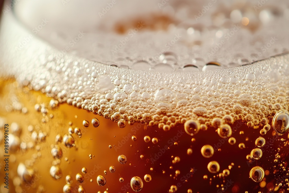 Bubble foam texture on the surface of a carbonated drink, sparkling ...