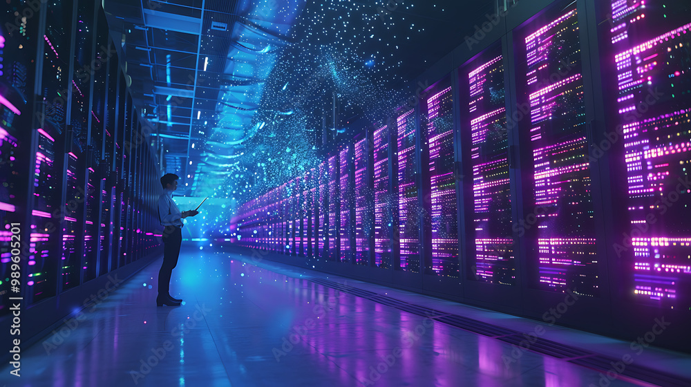 a large, modern data center with rows of server racks. Blue and purple ...
