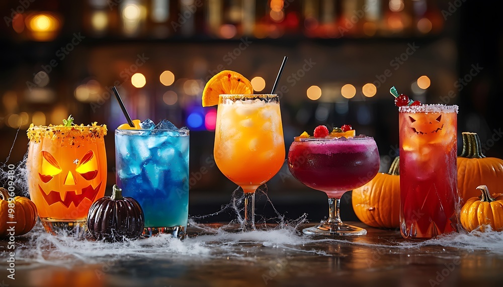 Colorful array of spooky-themed cocktails at a Halloween party setting ...