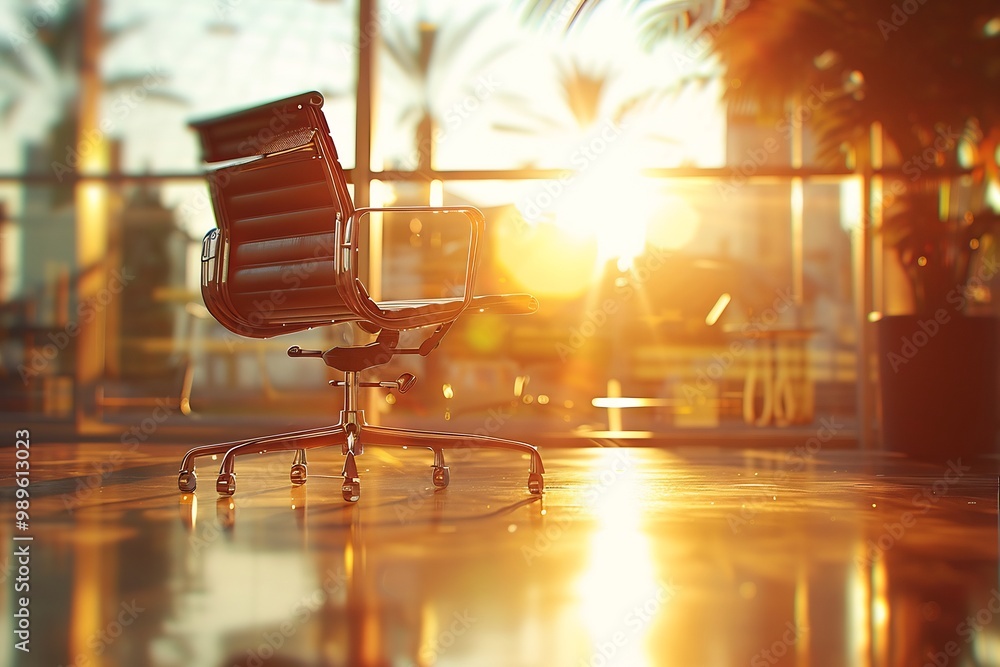 Blurred shot of minimalist office chair with natural light streaming in ...
