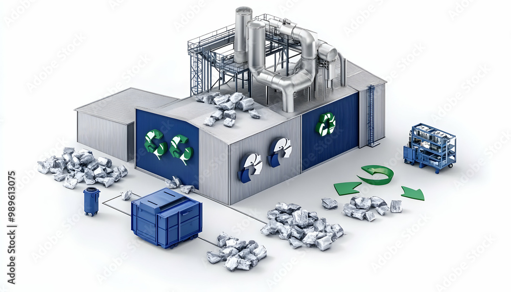 Recycling plant with green recycling symbols, aluminum cans, and blue ...