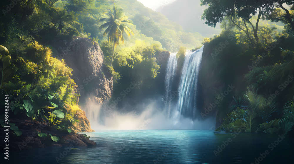 Aweinspiring landscape of a hidden jungle waterfall cascading between ... Aweinspiring landscape of a hidden jungle waterfall cascading between ...