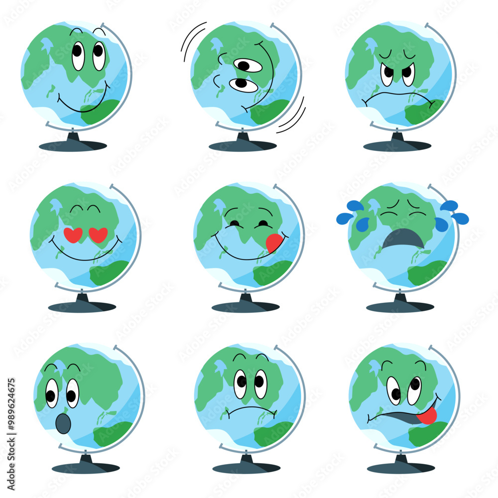 Emoji set. Cartoon globe mood: love, happy, funny, sweet, crying ...