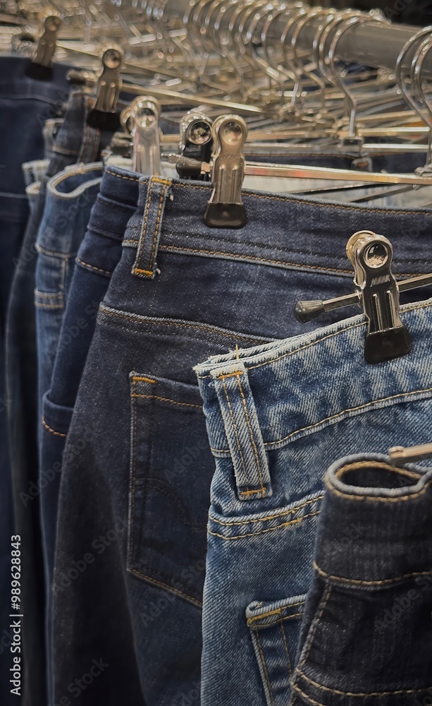 Denim jeans are organized on hangers at a community recycling event ...