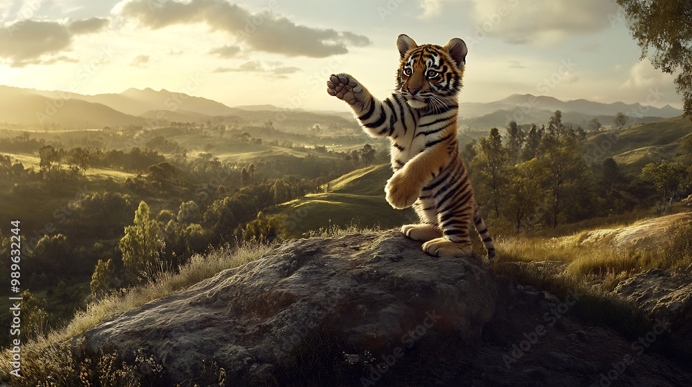 Tiger Cub's Majestic Vista: A playful tiger cub stands tall on a rocky ...