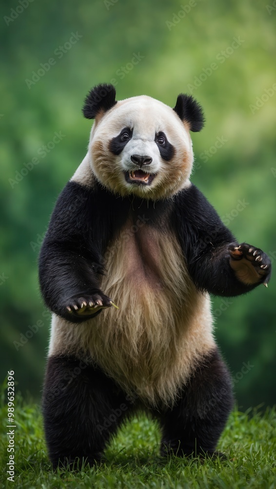 Panda standing upright with arms outstretched, in a zoo-like ...