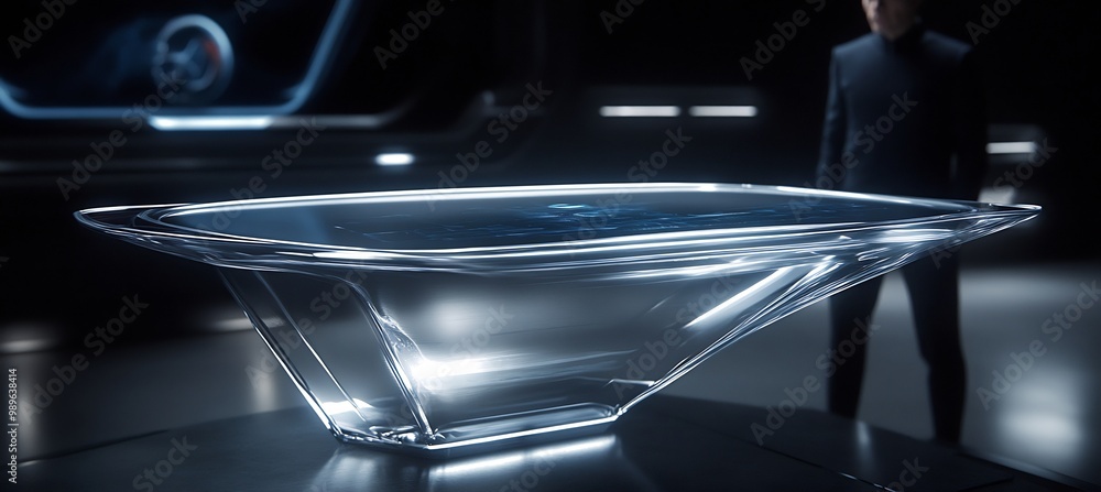 Wideangle blurry shot of transparent futuristic desk with a touchscreen ...