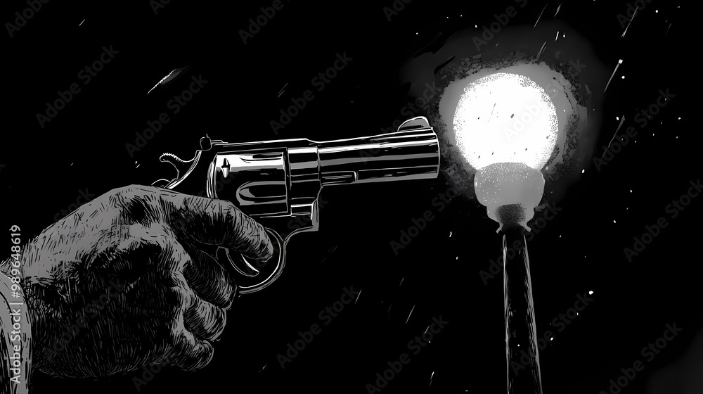 Pair of hands clutch a revolver tightly, the barrel gleaming under the ...