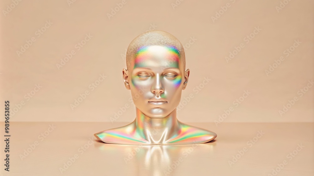 3d robot face. Hologram human head. Holographic color texture. Gold ...