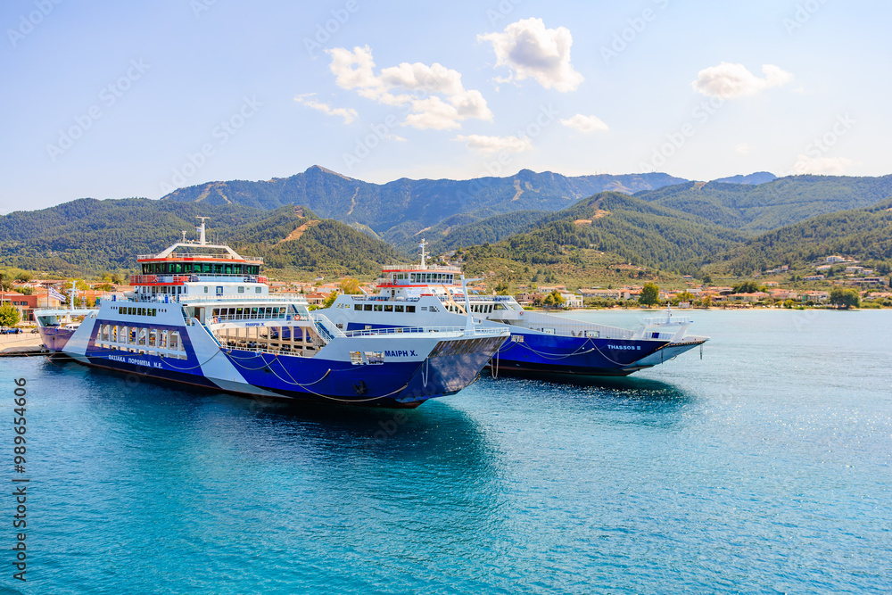 Seaport of tourist resort Greek island. Background with copy space ...